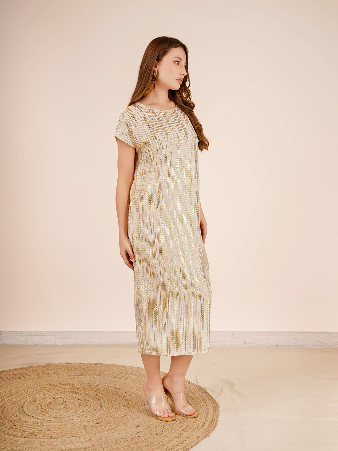 Ruby Dress in Off White | Elegant Golden Metallic Dress for Women