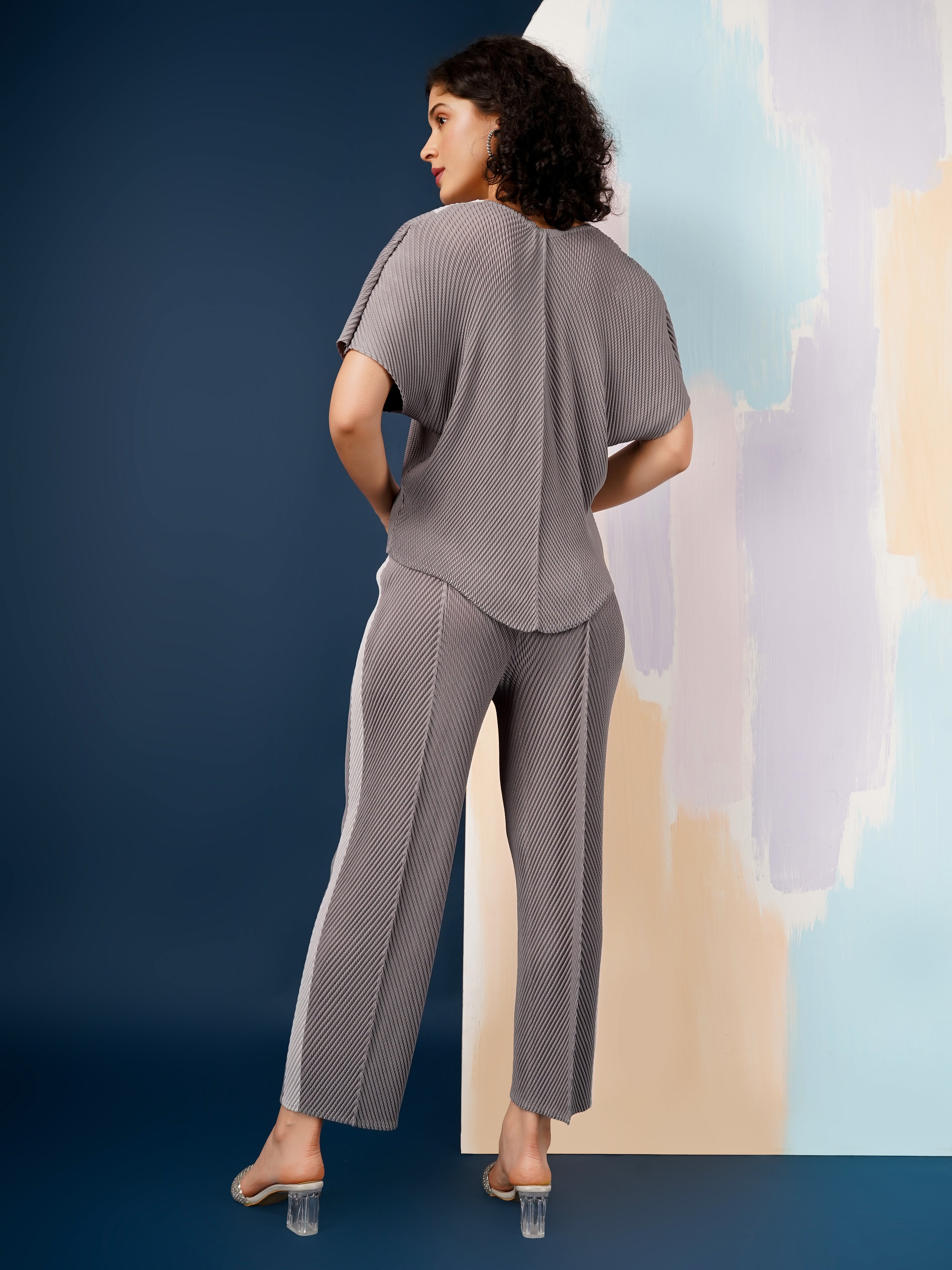 Stylish Pleated Coordinated Set - Grey, Brown, & Blue